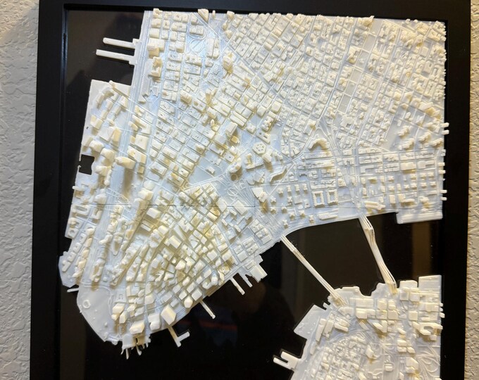 3D Printed Manhattan Map in 13x13 Inch Wood Frame - Financial District ...
