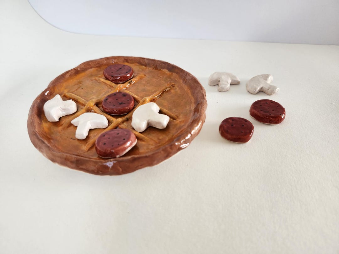 Ceramic Tic Tac Toe Game Board and Pieces. Pizza With Mushrooms and ...