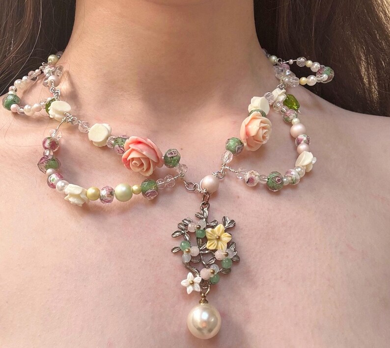 Unique Cottagecore Fairycore Mucha Inspired Floral Beaded Necklace ...