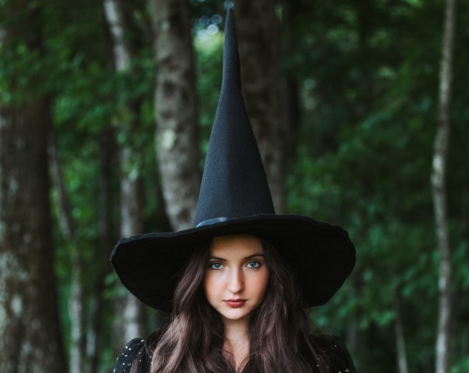 Lenore the Tall Mystic Witch Hat in Black Felt, Tall Witches Hat, Wide ...