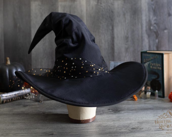 Stellar the Black Velour Witch Hat With Star Band, Side Crooked Witch Hat, Sorceress Hat, Hedge ...