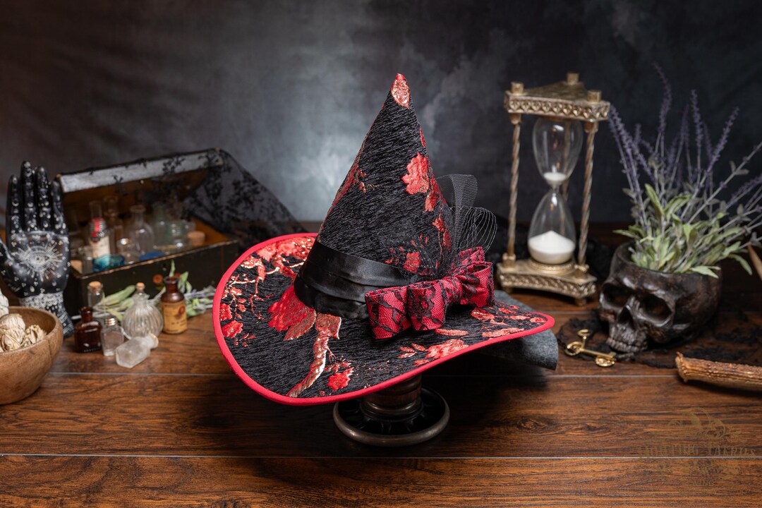 Polly~ Short Red Floral Witch Hat, Classy Witch Hat, Wizard Hat, Wired ...