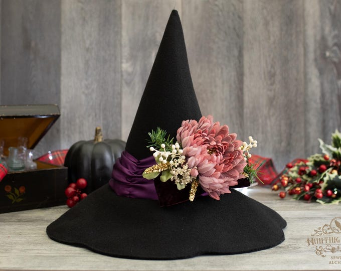 Phoebe Black Felt Witch Hat, Purple Ribbon & Bow, Slanted Brim Witch ...
