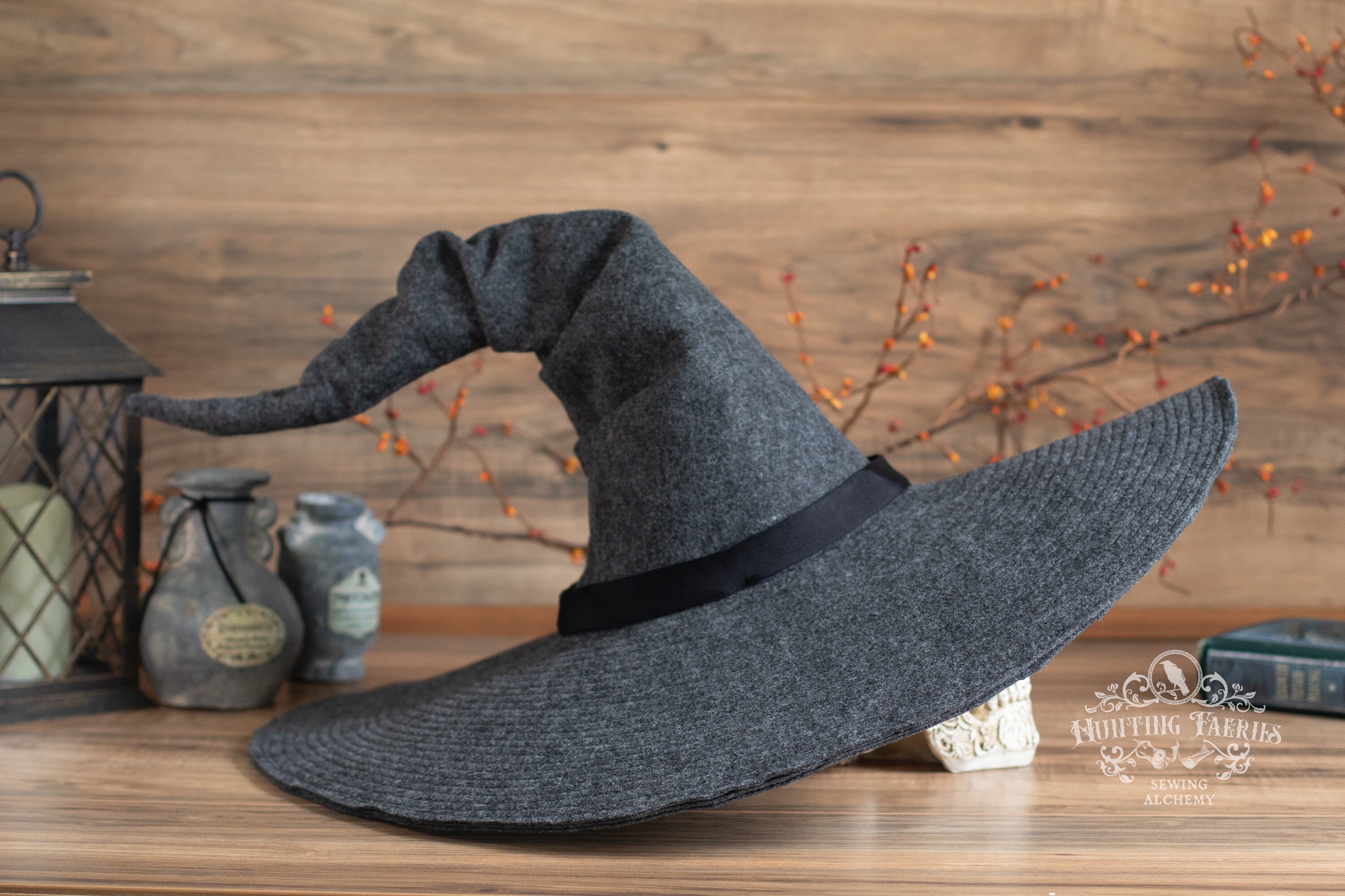 Beatrice Extra Large Brim Witch Hat in Black Felt, bent cone witch hat ...