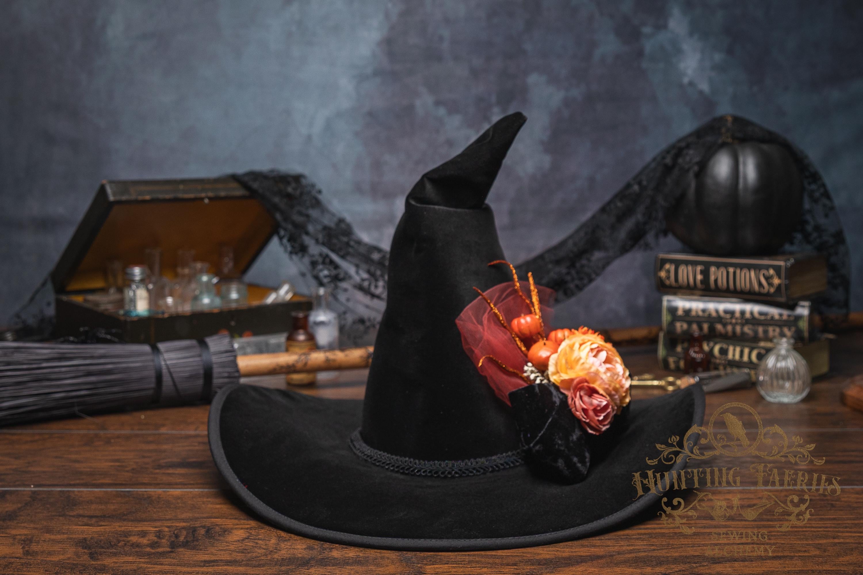 Hester~ Black Velvet Witch Hat: Crooked Cone with Bow and Orange Floral ...