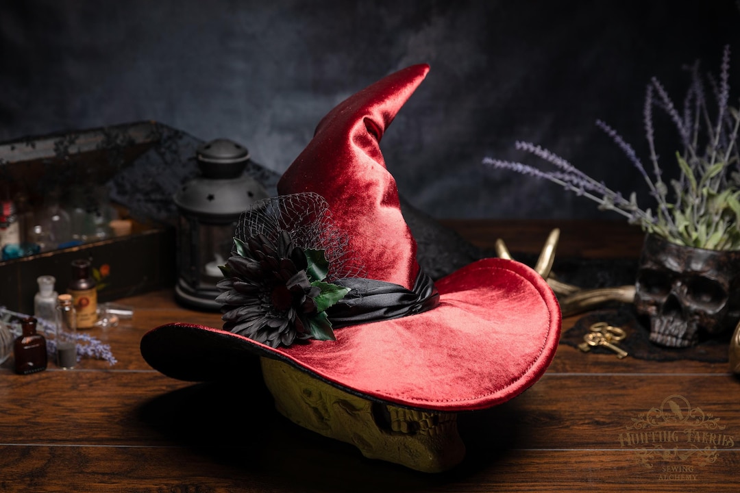 Dahlia Velvety Red Witch Hat, Sorceress Hat, Dark Witch Hat, Curled ...