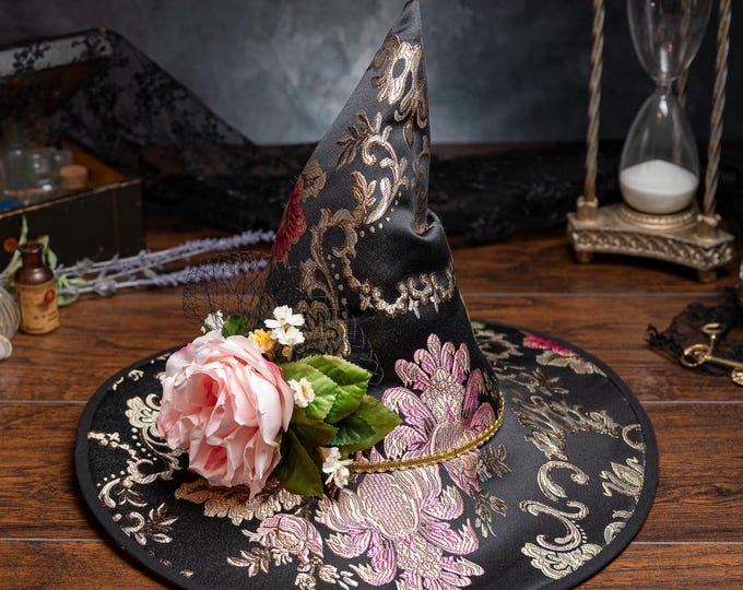 Rosa~ Black and Pink Brocade Witch Hat, Pink Rose Decoration, Crooked ...