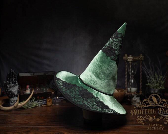 Jade Green Velvet and Black Lace Witch Hat - Etsy