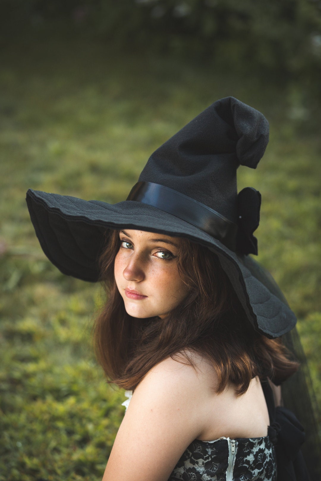 Tish~ Side Crooked Black Felt Witch Hat: Large Brim, With Bat Bow and ...