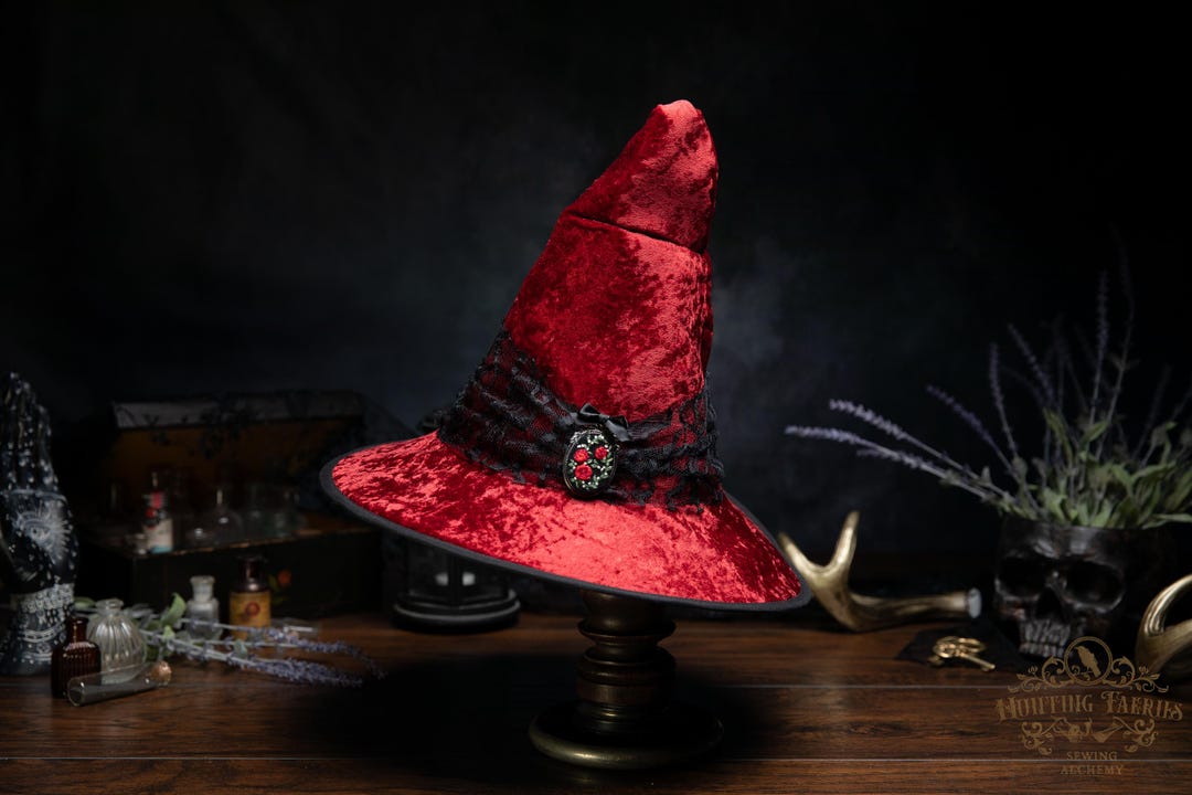 Scarlet Red Crushed Velvet Witch Hat: Hand Embroidered Cameo, Wired ...