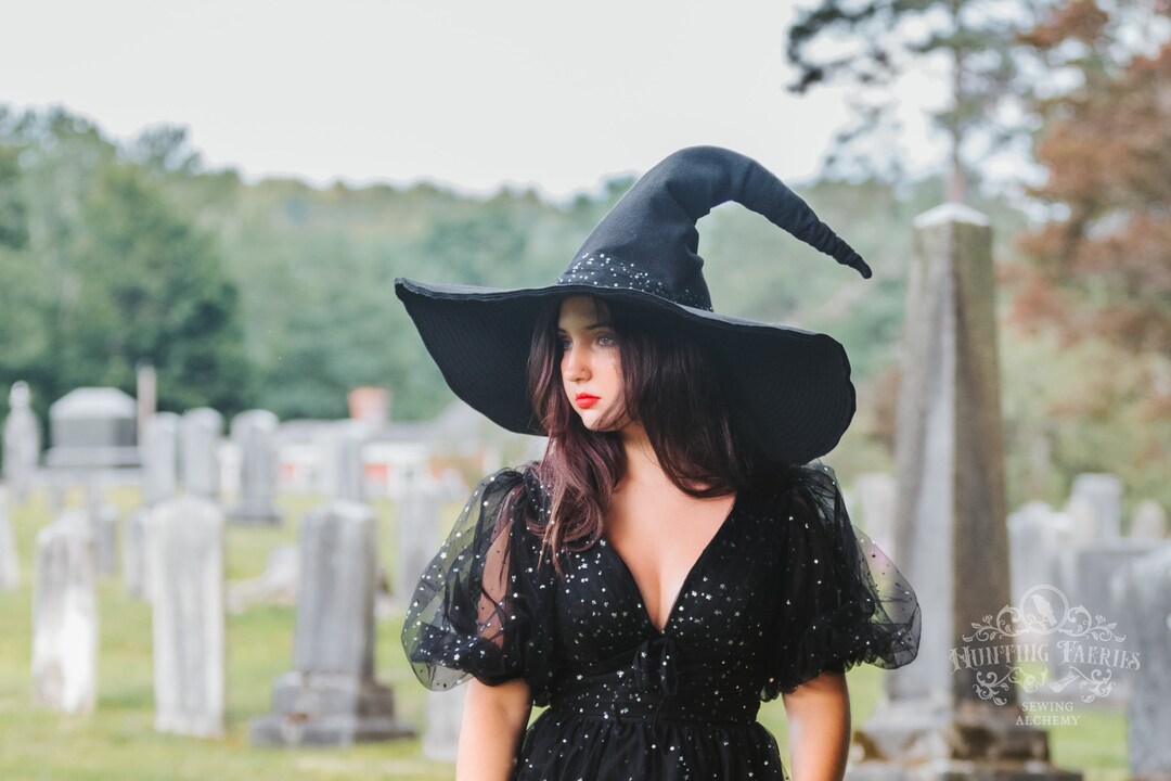 Beatrice Extra Large Brim Witch Hat in Black Felt, Bent Cone Witch Hat ...