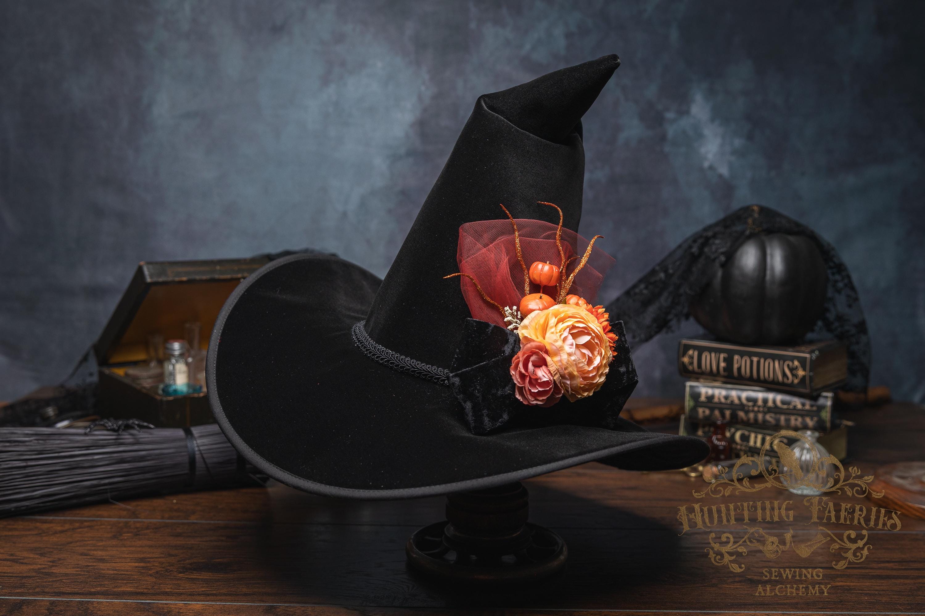Hester~ Black Velvet Witch Hat: Crooked Cone with Bow and Orange Floral ...