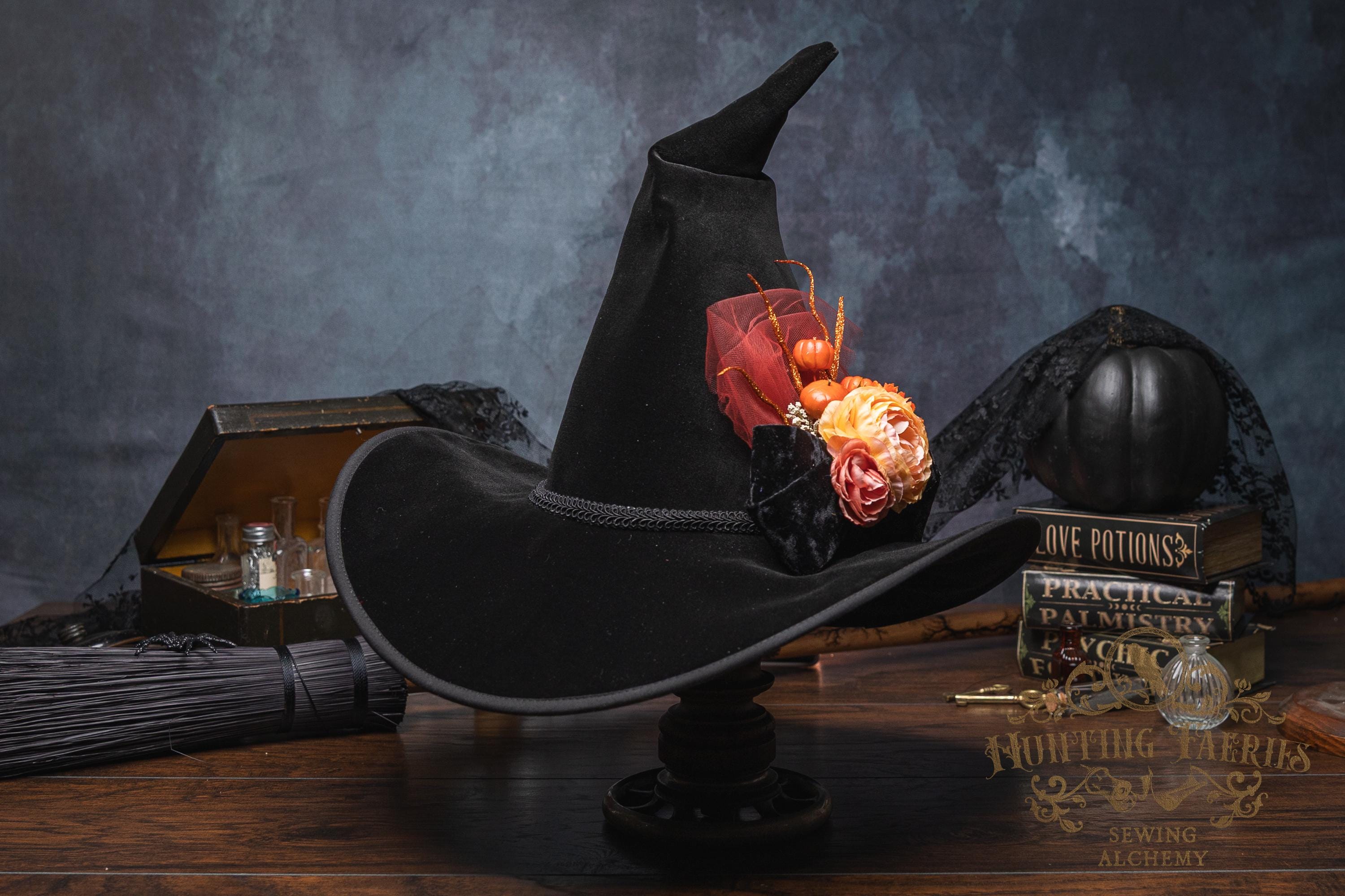 Hester~ Black Velvet Witch Hat: Crooked Cone with Bow and Orange Floral ...