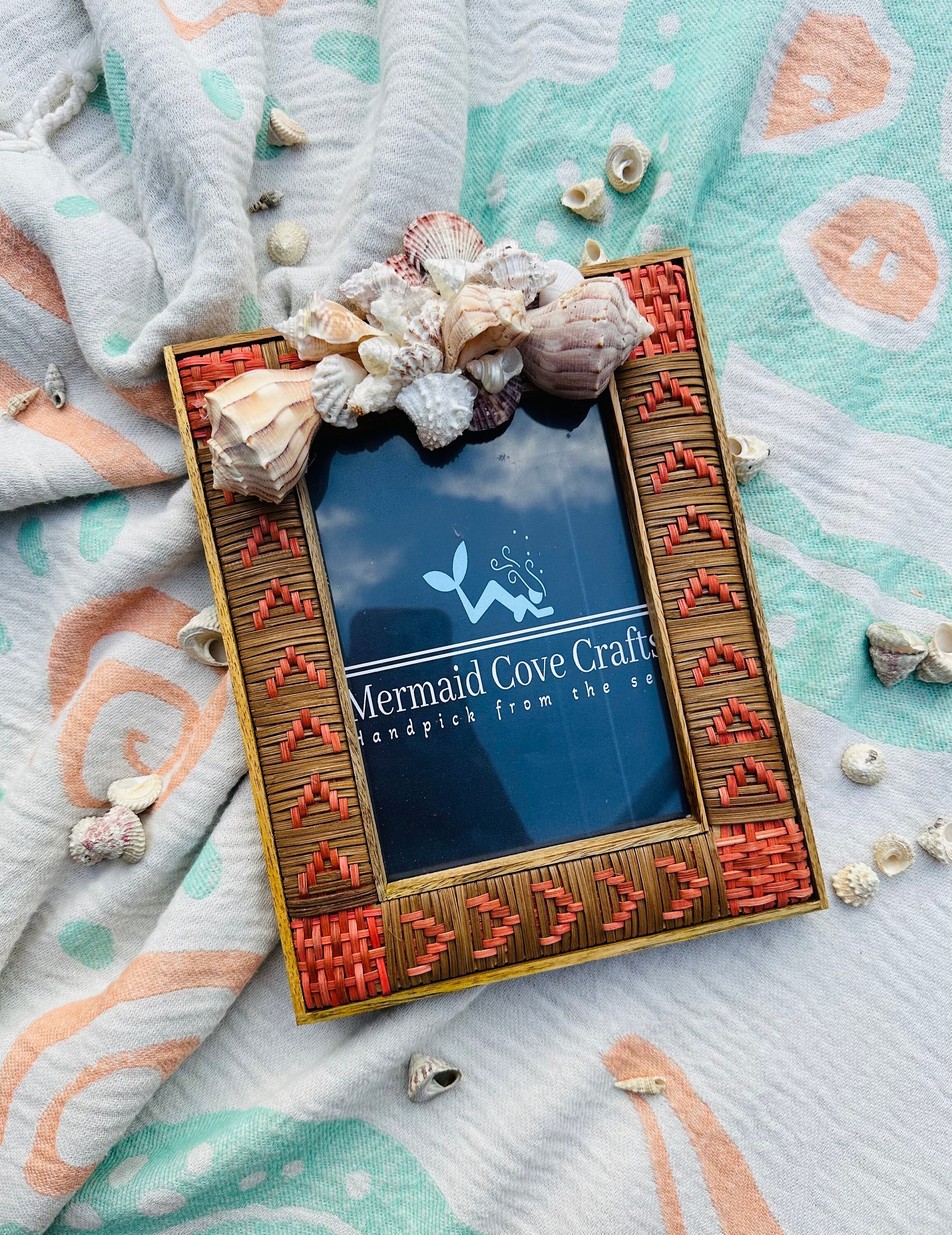 Seashell Picture Frames Woven Coastal Decor in Brown and Orange Accents ...