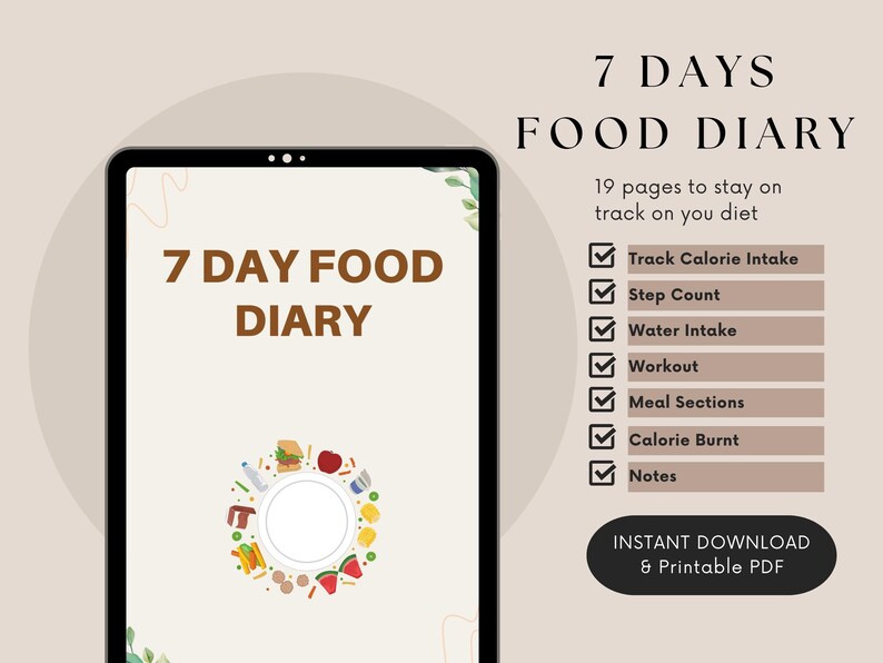 Digital Daily Food Journal, Printable Daily Food Diary, Editable Food ...