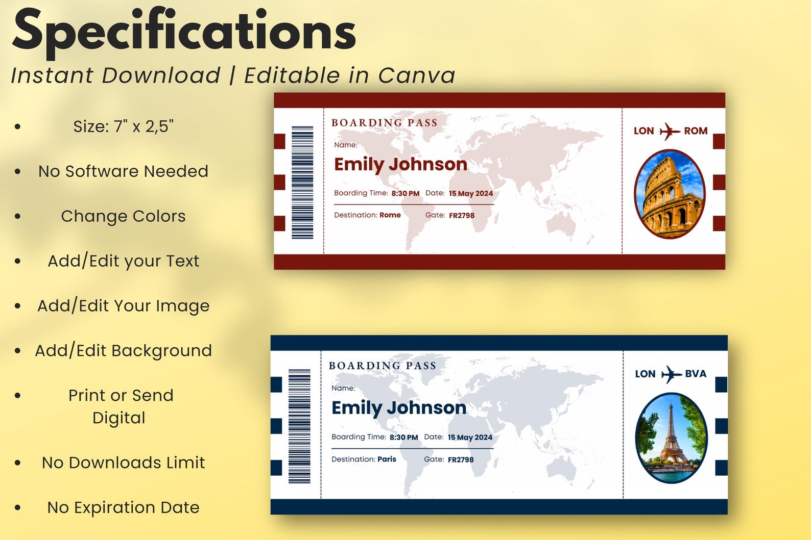 Canva Editable Boarding Pass Template, Digital Airline Ticket, Custom ...