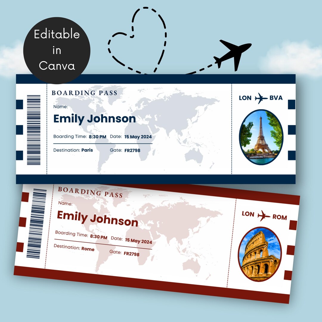 Canva Editable Boarding Pass Template, Digital Airline Ticket, Custom ...