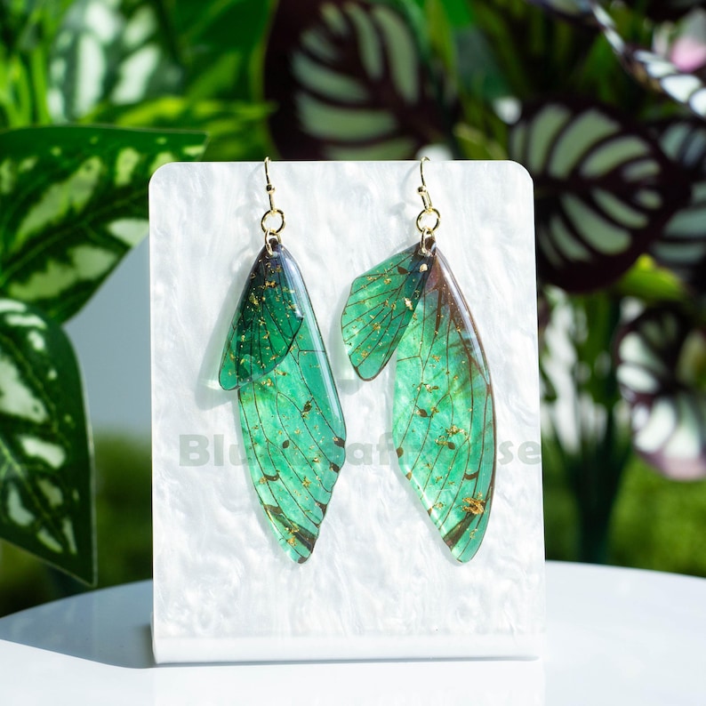 Green Butterfly Earrings, Fairy Butterfly Wing Earrings With Gold Flake ...