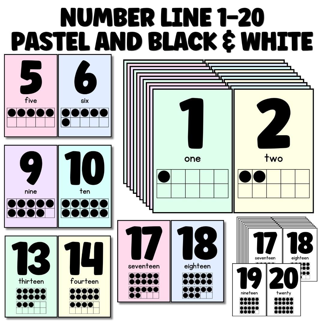 Number Line 1-20 Printable: Pastel, Black & White Math Visuals (digital ...