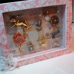 Pink Shadow Box Shabby Pink Display Box Fabric Covered Cork Board glass ...