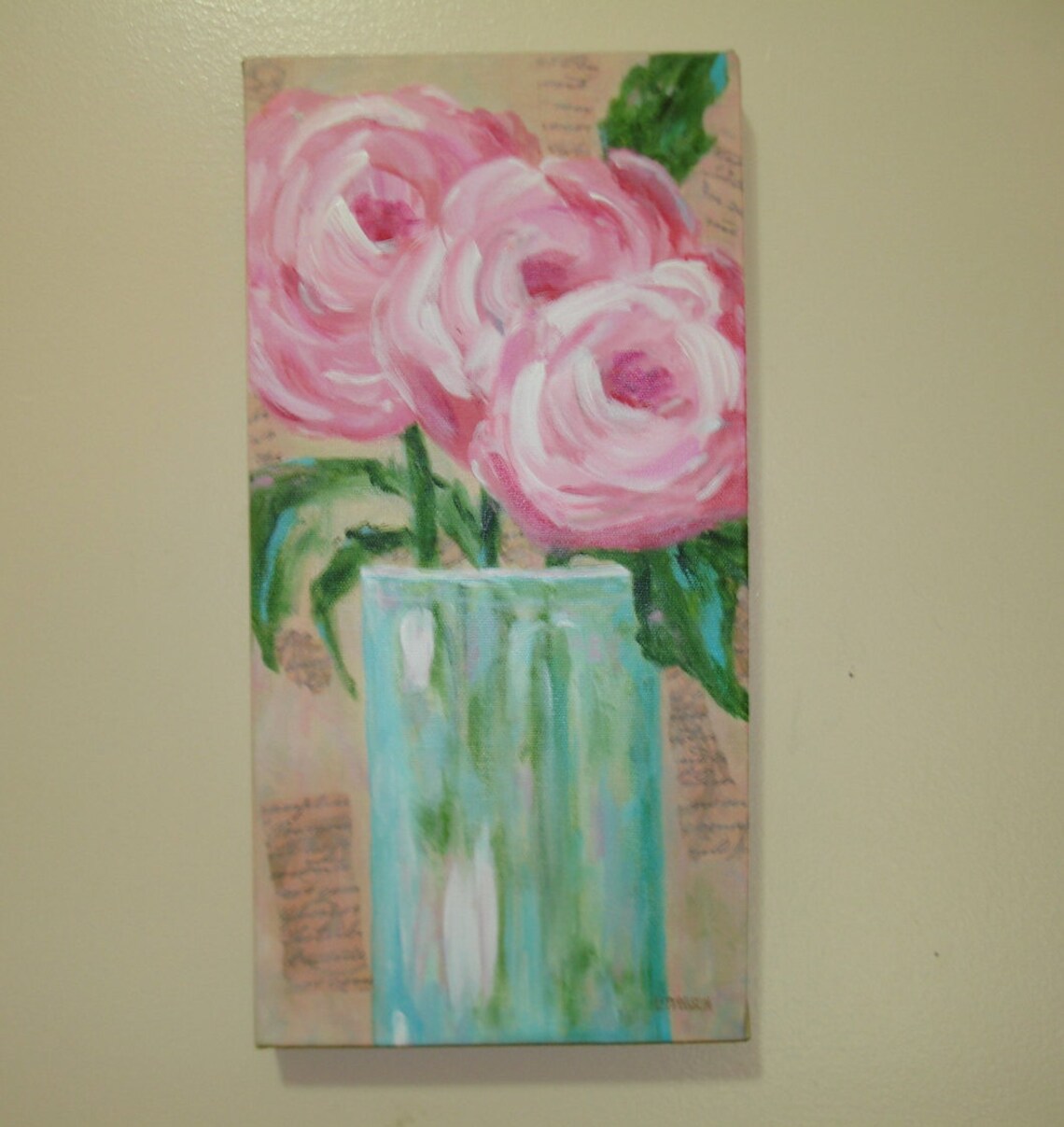 Shabby Pink Roses Painting Original Art 8x16 Deep Edge Canvas 3 Shabby ...