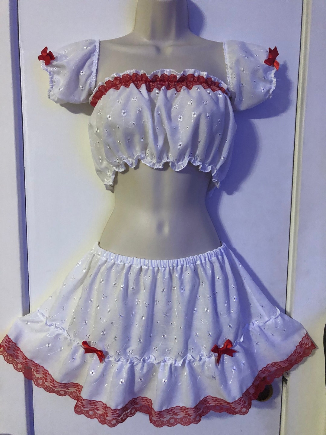 White Eyelet Red Lace Bows Nurse Costume Ruffle Mini Skirt Puff Sleeve ...