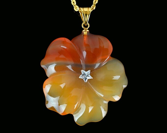 Vintage 18K Gold Carved Carnelian Pendant, Carved Flower Carnelian ...