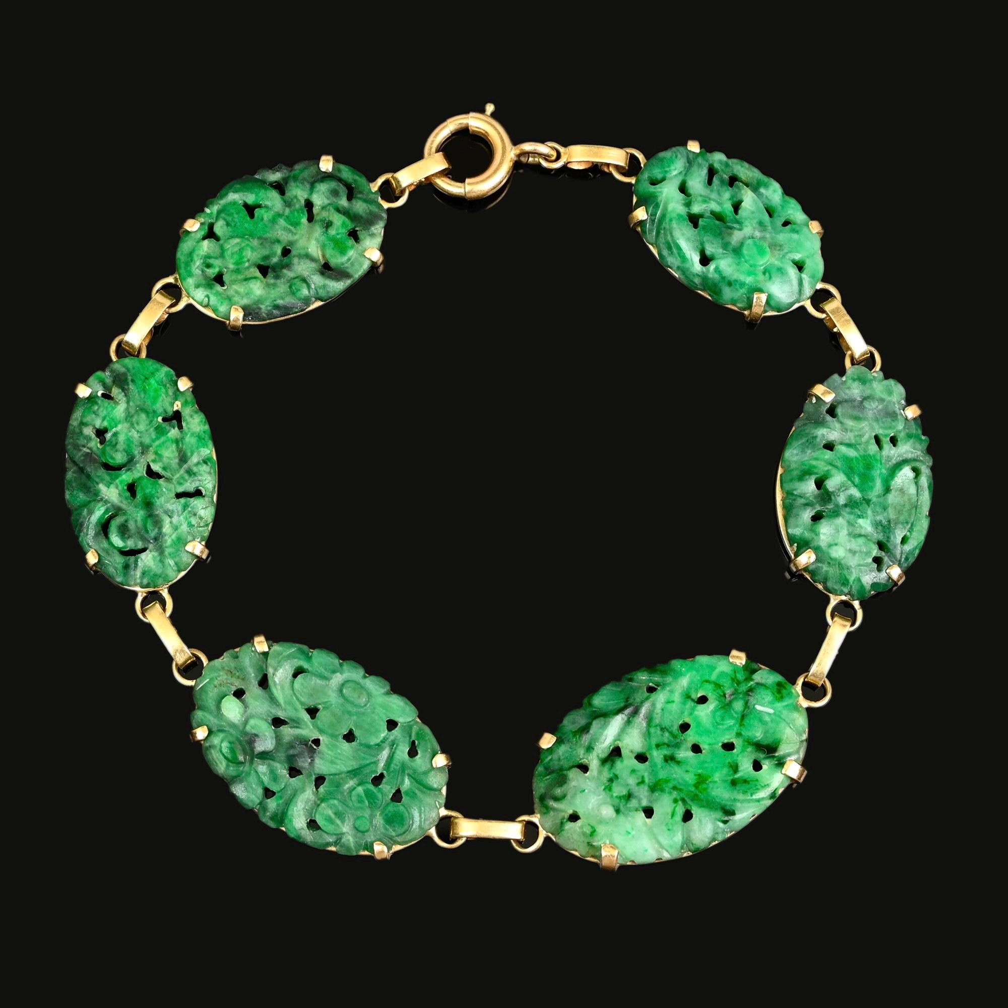 Art Deco 14K Gold Jade Bracelet, Large Pierced Carved Jadeite Links - Etsy