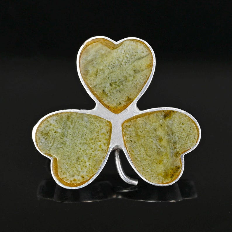 Antique Connemara Marble Shamrock Brooch: Sterling Silver Irish Clover ...