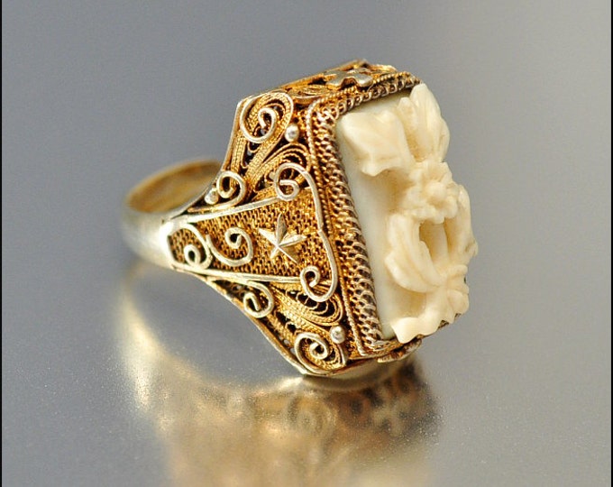 Art Deco Ring Silver Gold Chinese Ivory Carved Flower Star Vintage ...