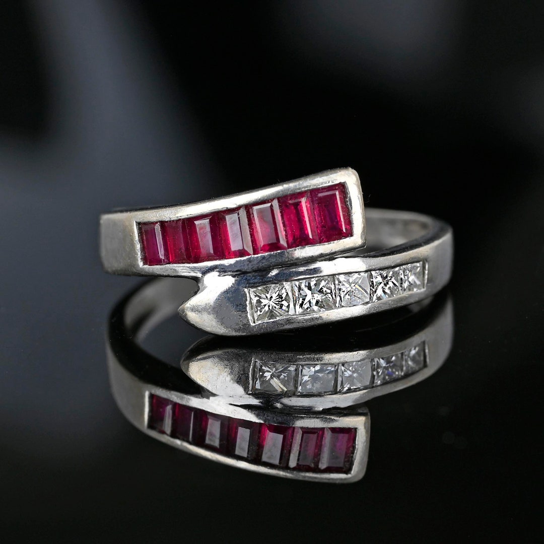 Princess Cut Diamond Ruby Snake Ring, 18K White Gold Baguette Ruby Ring ...