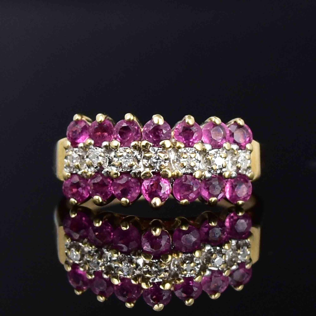 Vintage 10K Gold Diamond Ruby Ring, Gold Diamond Ruby Cluster Ring ...