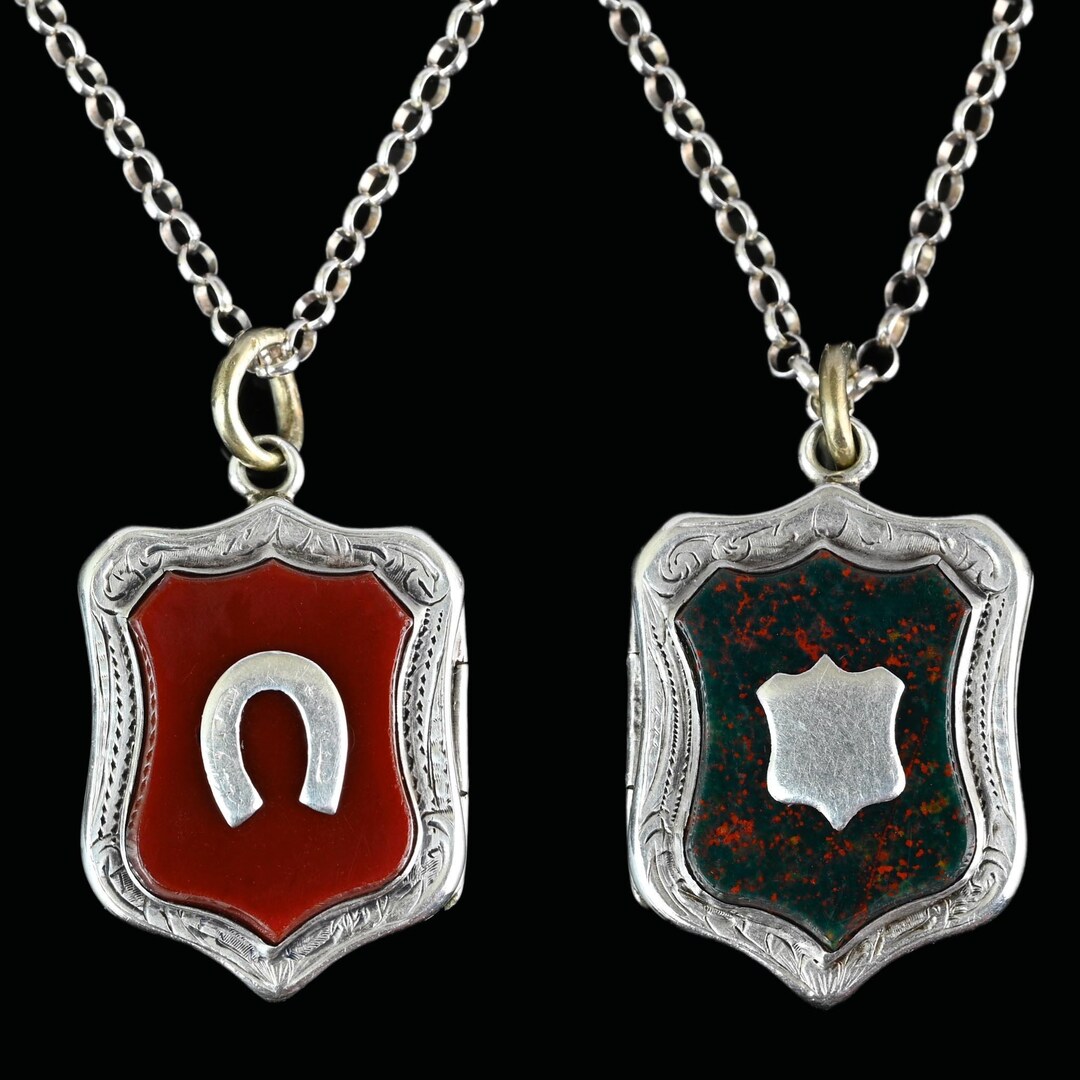 Victorian Silver Shield Locket Necklace, Bloodstone Carnelian Double ...