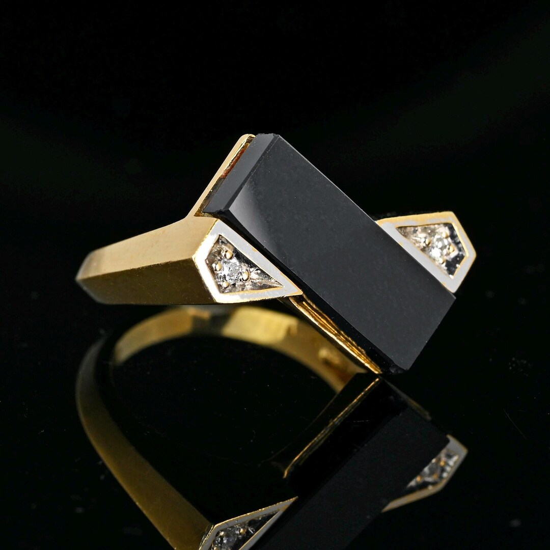 Vintage Diamond Black Onyx Ring, 14K Gold Long Rectangle Onyx Diamond Ring, East West Onyx Wide ...