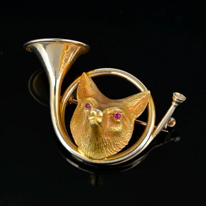 Antique Hunting Horn Ruby Eyed Fox Brooch, Solid 14K Gold Animal Brooch ...