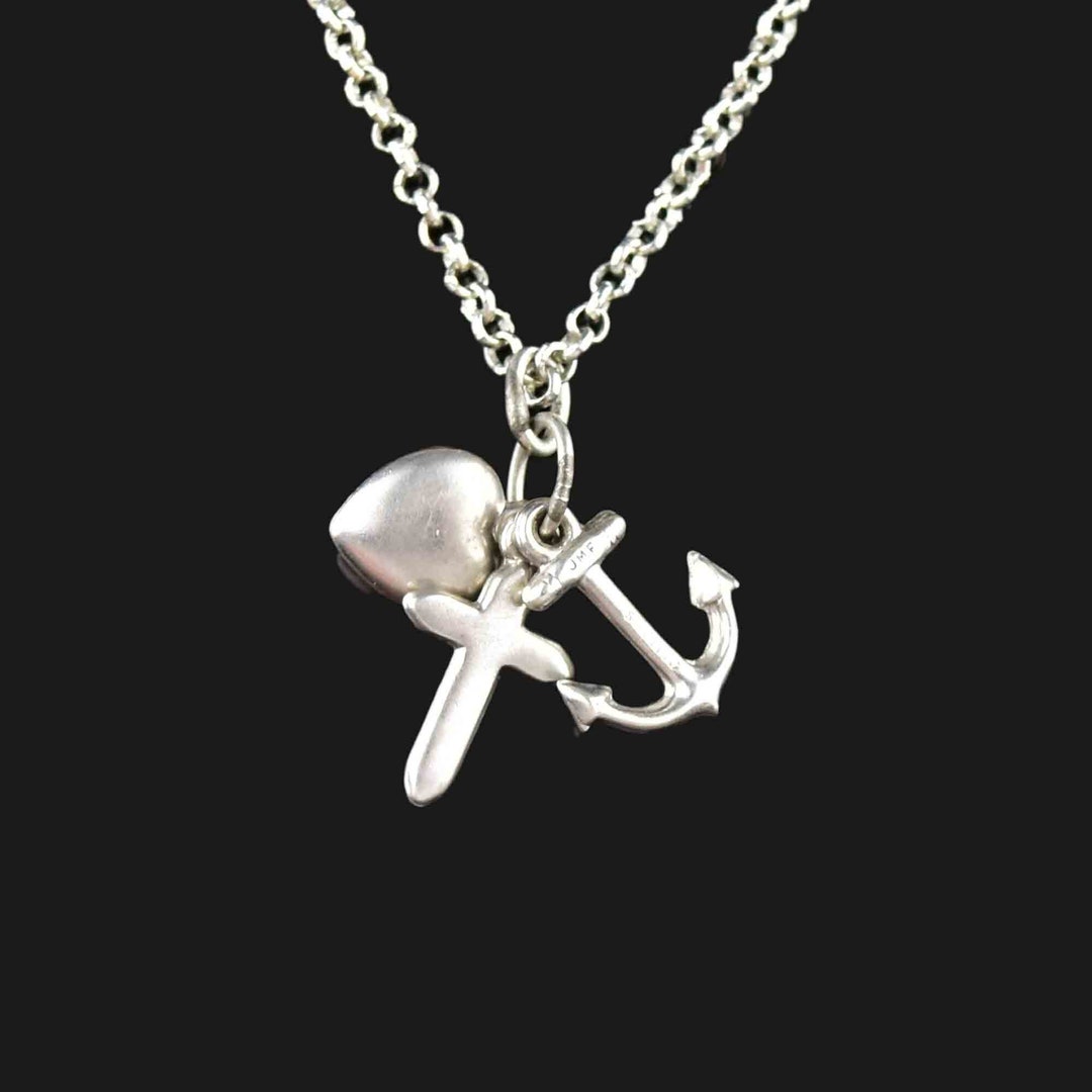 Silver Faith Hope Love Pendant Necklace, Anchor Cross Puffy Heart Charm ...