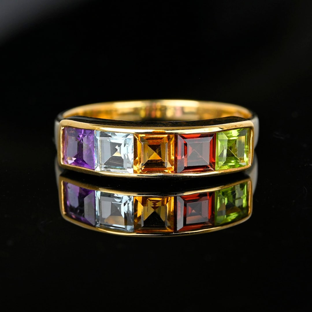Multi Gemstone Rainbow Ring, 10K Gold Citrine Peridot Amethyst Topaz ...