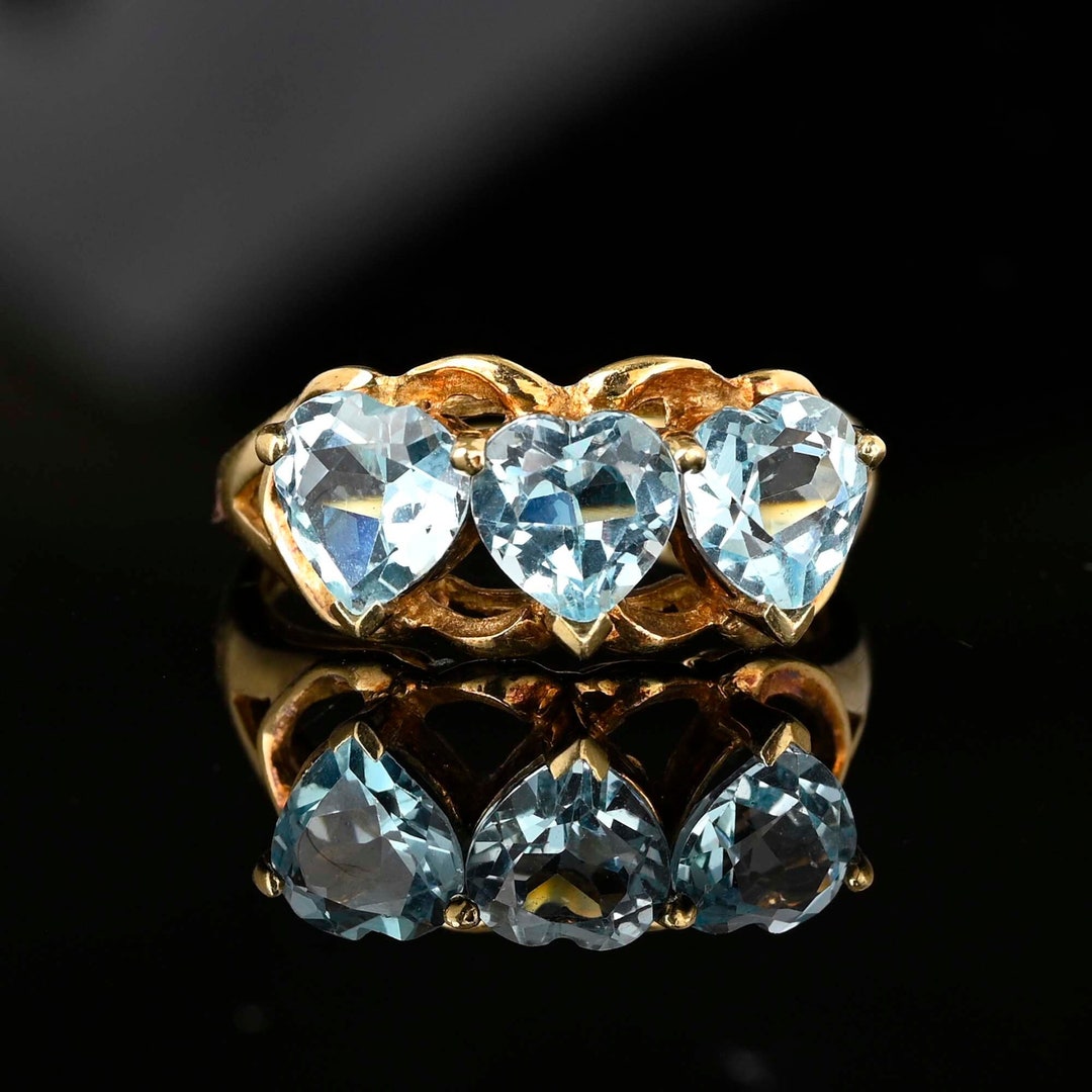Vintage Blue Topaz Triple Heart Ring, 10K Gold Sweetheart Ring, Promise ...