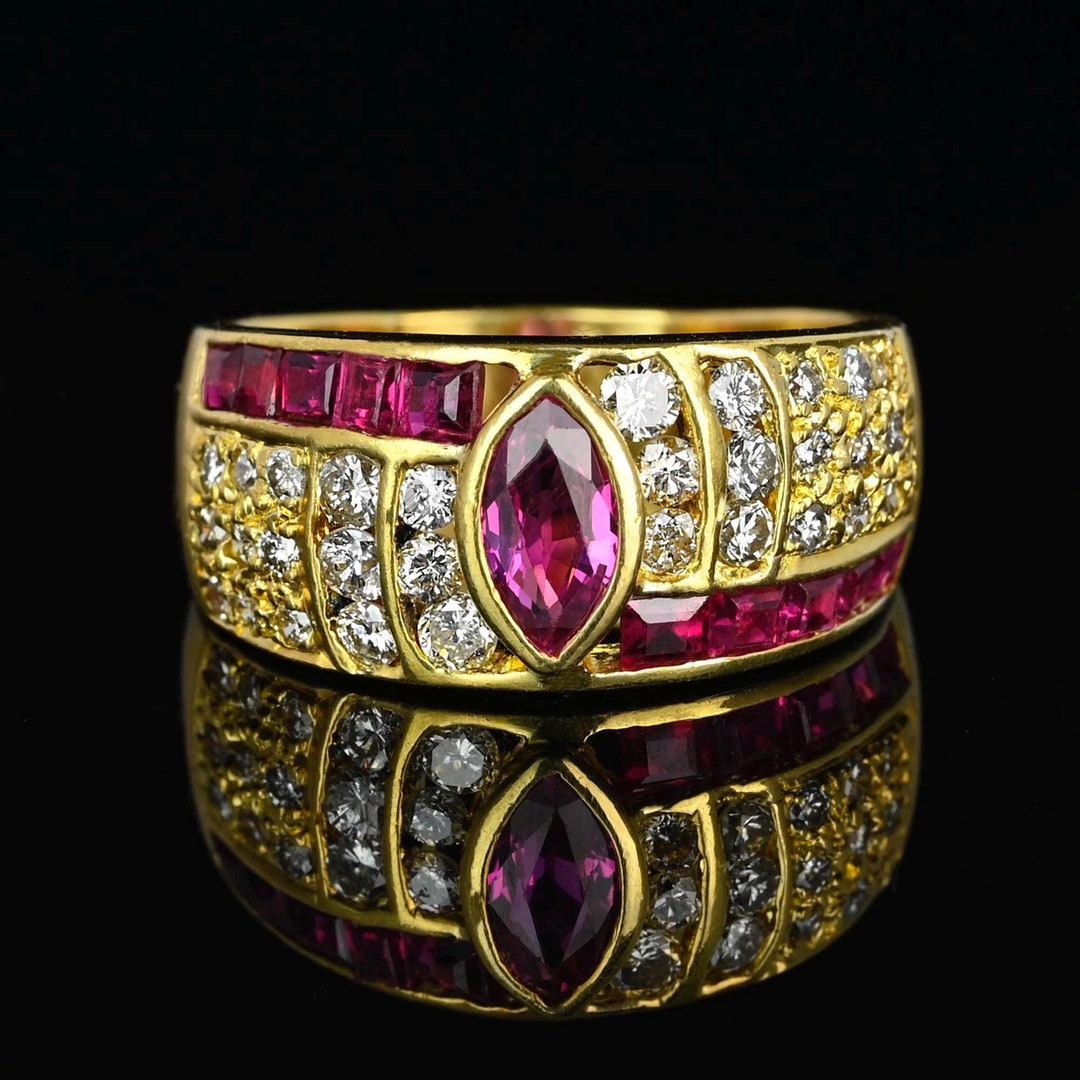 Wide 18K Gold Diamond Ruby Ring Band, Marquise Ruby Channel Set Diamond ...