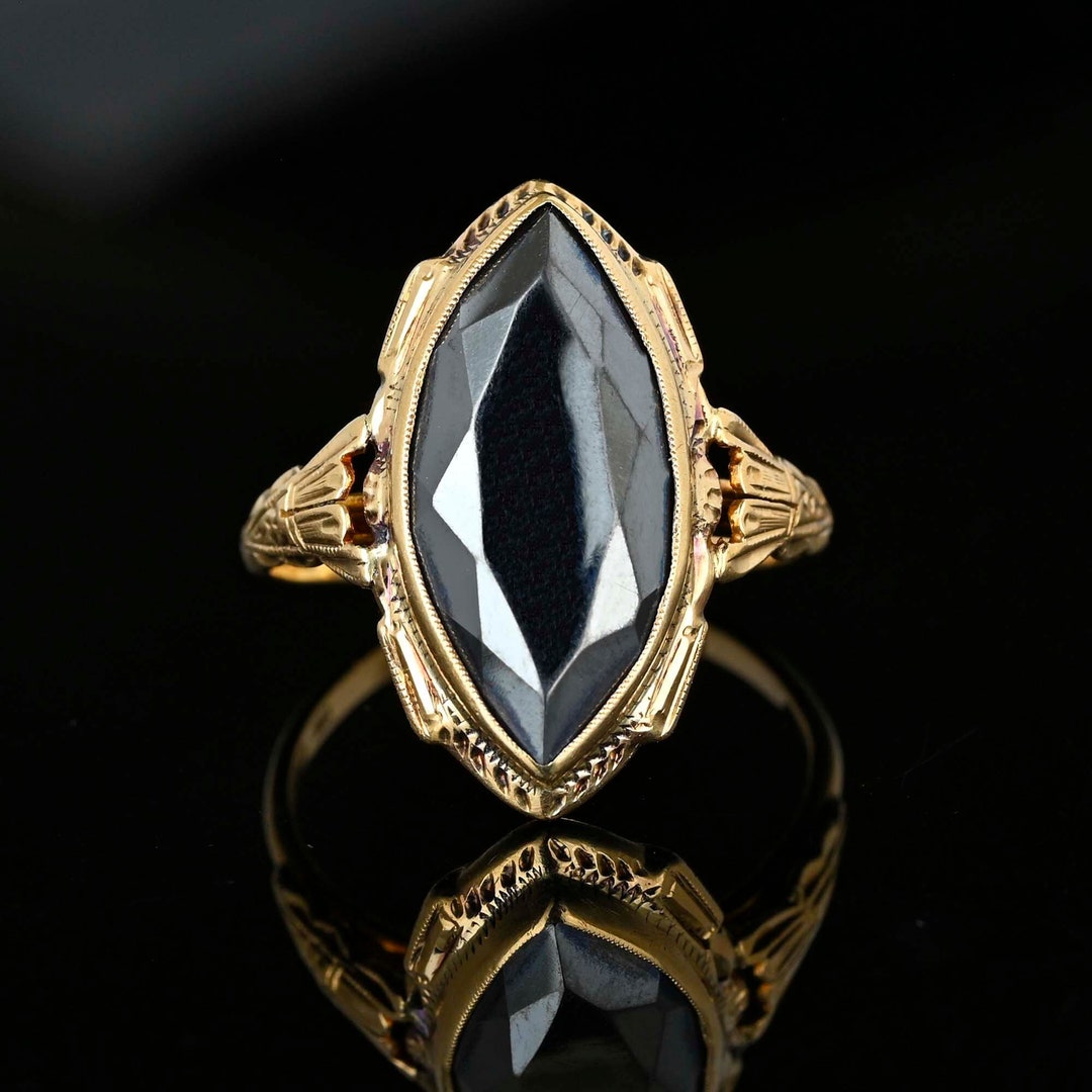 Art Deco Gold Hematite Ring, 10K Gold Faceted Marquise Grey Hematite ...