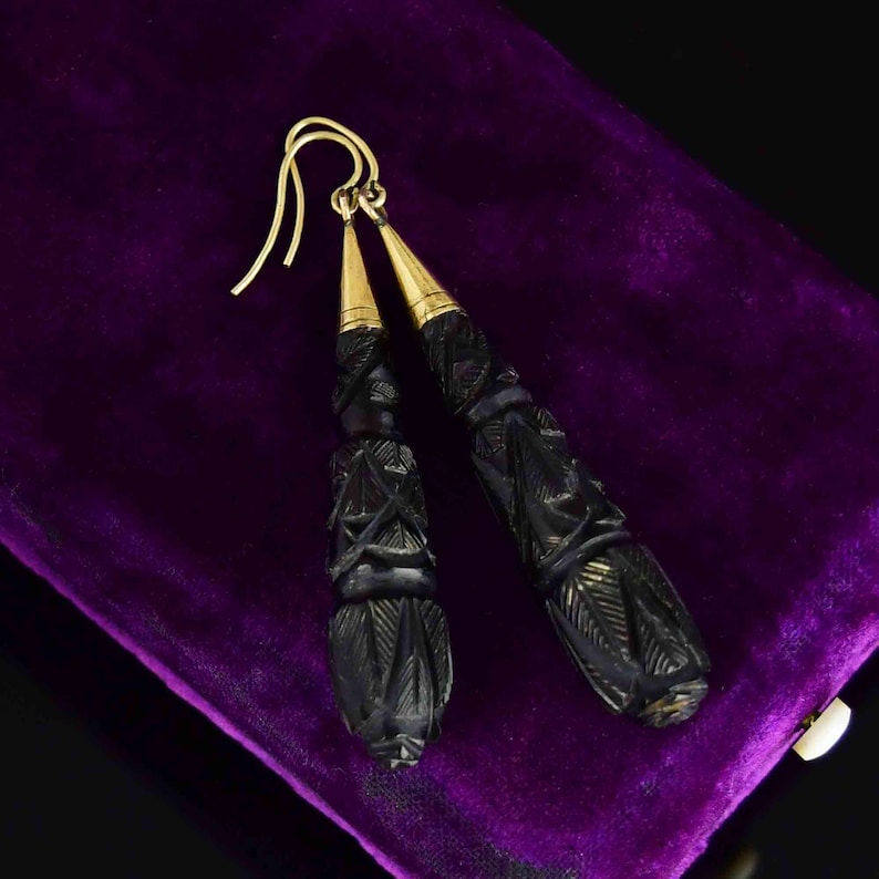 Victorian Whitby Jet Earrings: 9k Gold Carved Torpedo Dangle - Etsy UK