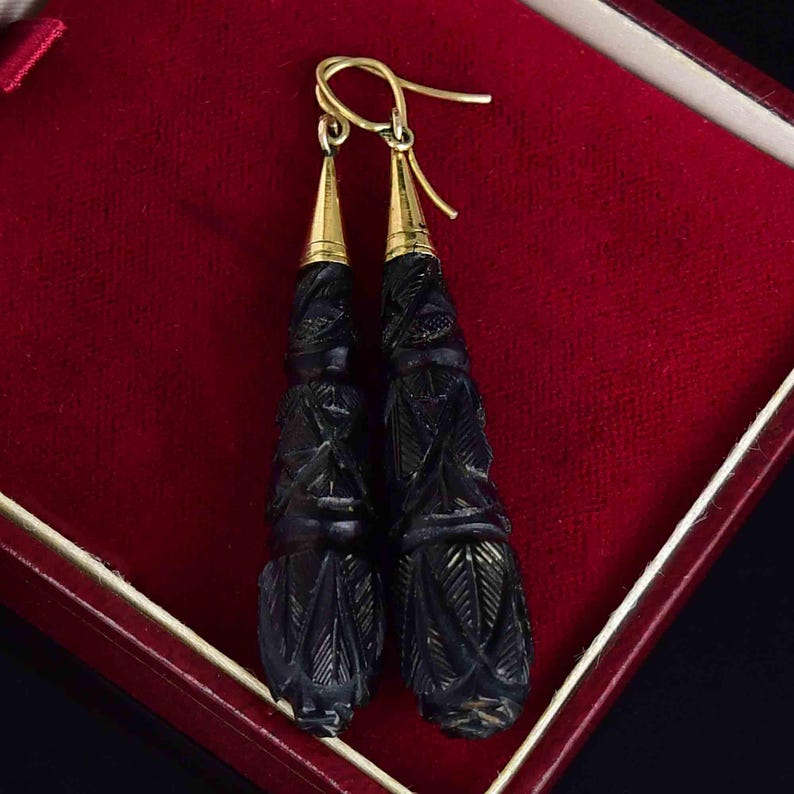 Victorian Whitby Jet Earrings: 9k Gold Carved Torpedo Dangle - Etsy UK