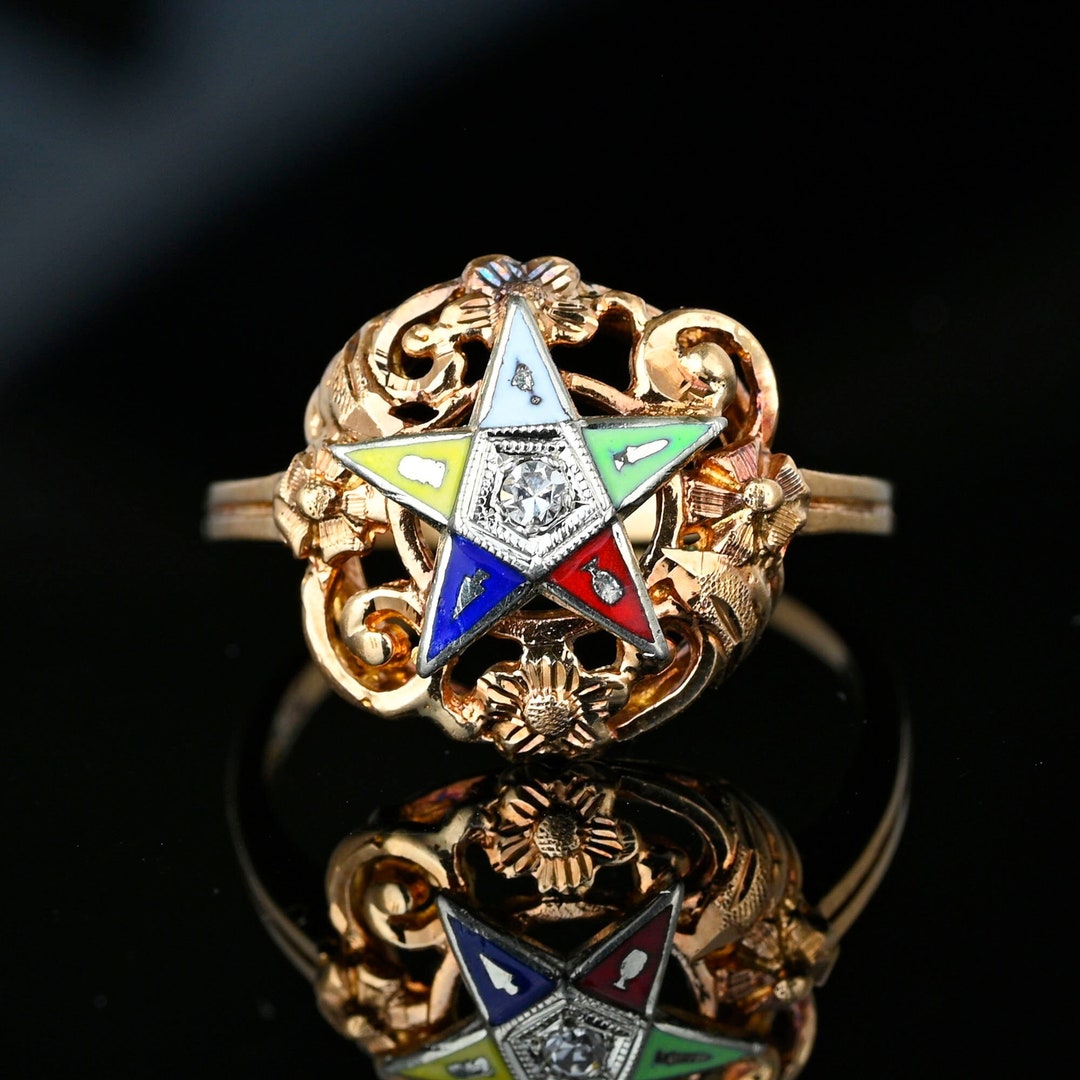 Vintage Diamond Enamel Star Ring, 10K Rose Gold OES Order of the ...