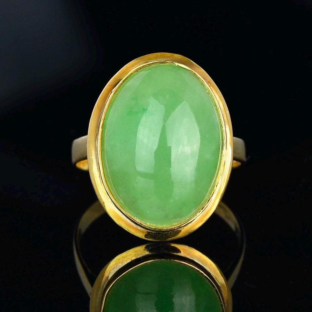 Vintage 14K Gold Jade Ring, 6.64 CTW Natural Jadeite Cabochon Ring ...