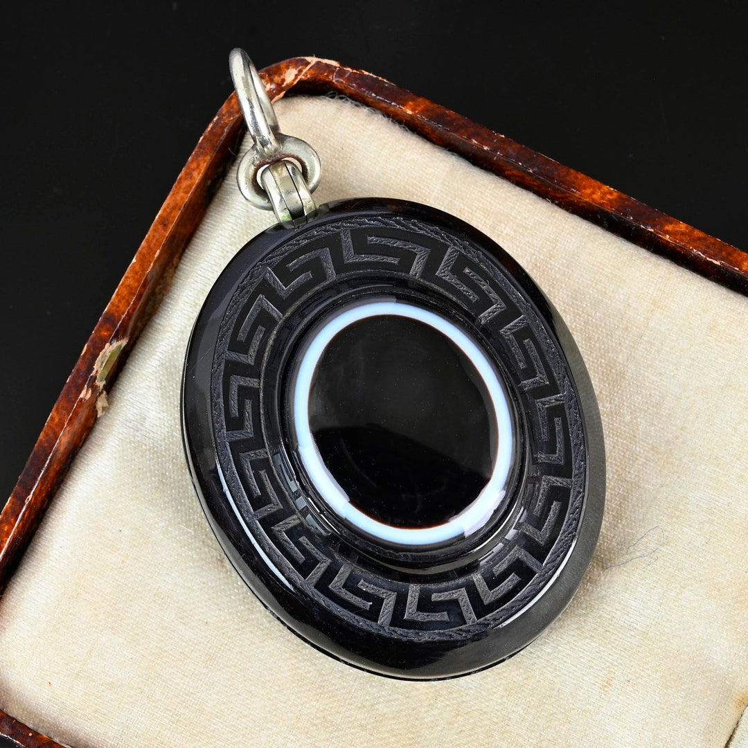 Antique Whitby Jet Locket, Bulls Eye Banded Agate Victorian Greek Key ...