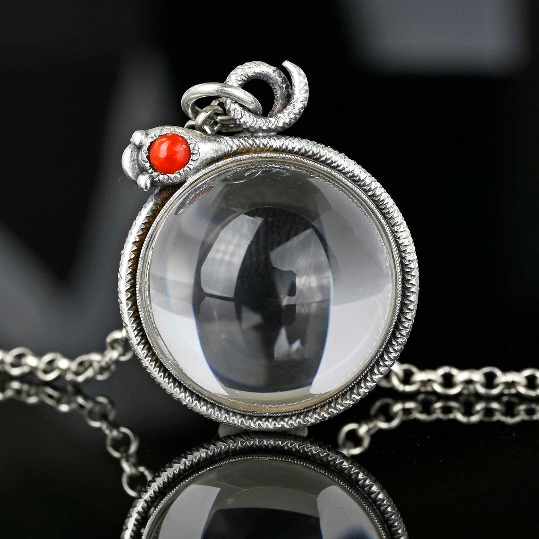 Snake Pools of Light Necklace, Art Deco Coral Silver Rock Crystal Orb ...