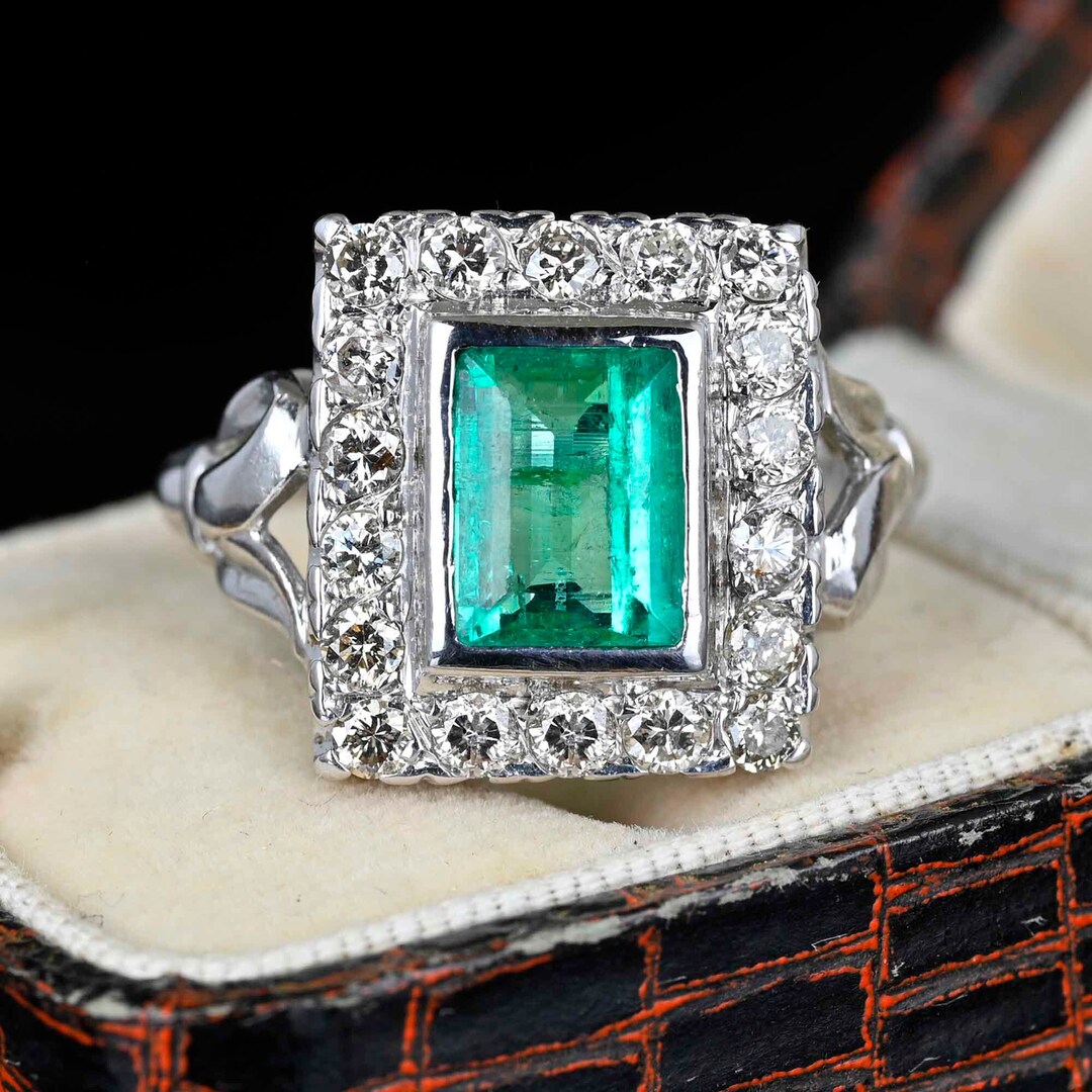Diamond Halo Columbian Emerald Ring, 14K White Gold Emerald .56 CTW ...