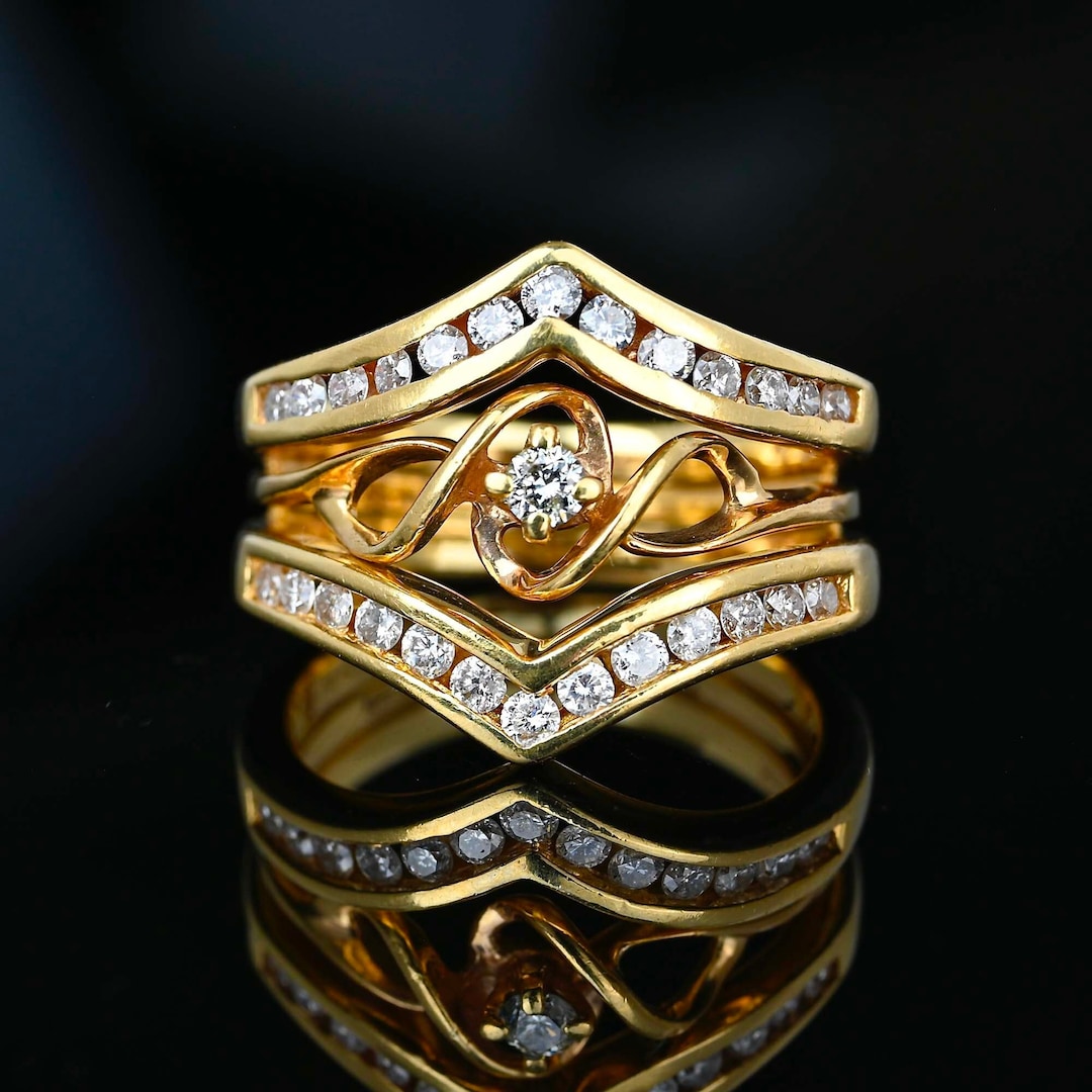 Vintage Chevron Diamond Ring, 14K Gold Diamond Solitaire Ring, Wide ...