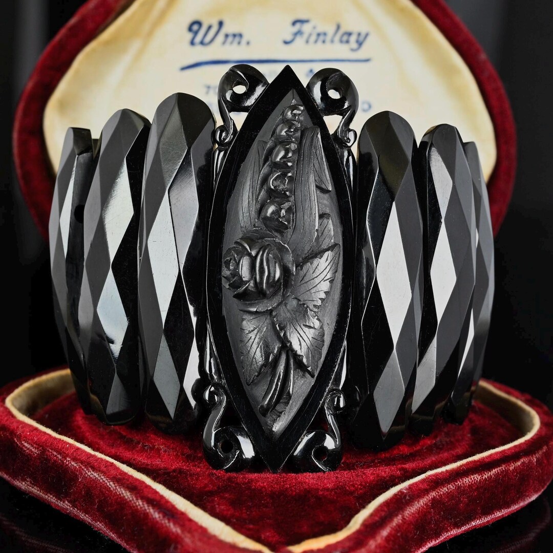 Antique Whitby Jet Bracelet, Wide Victorian Lily of the Valley Flower ...