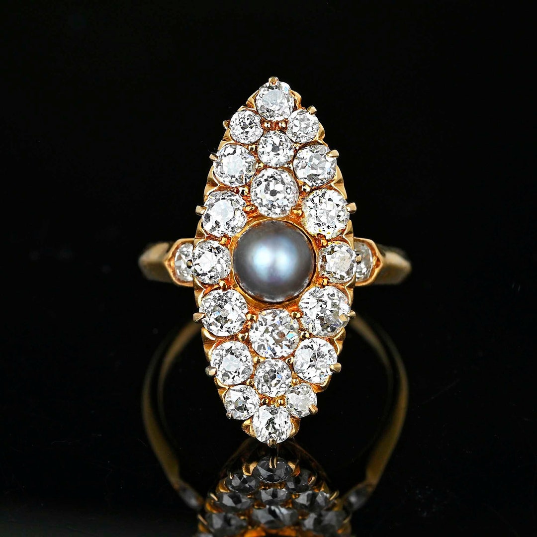 Victorian 14K Gold Mine Cut Diamond Ring: Gray South Sea Pearl Navette ...